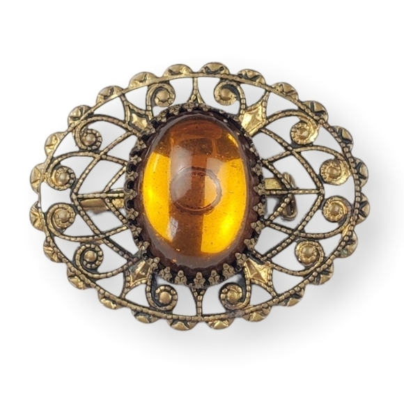 Vintage | Jewelry | Vintage Amber Glass Brooch Mirrored Cabochon Brass ...